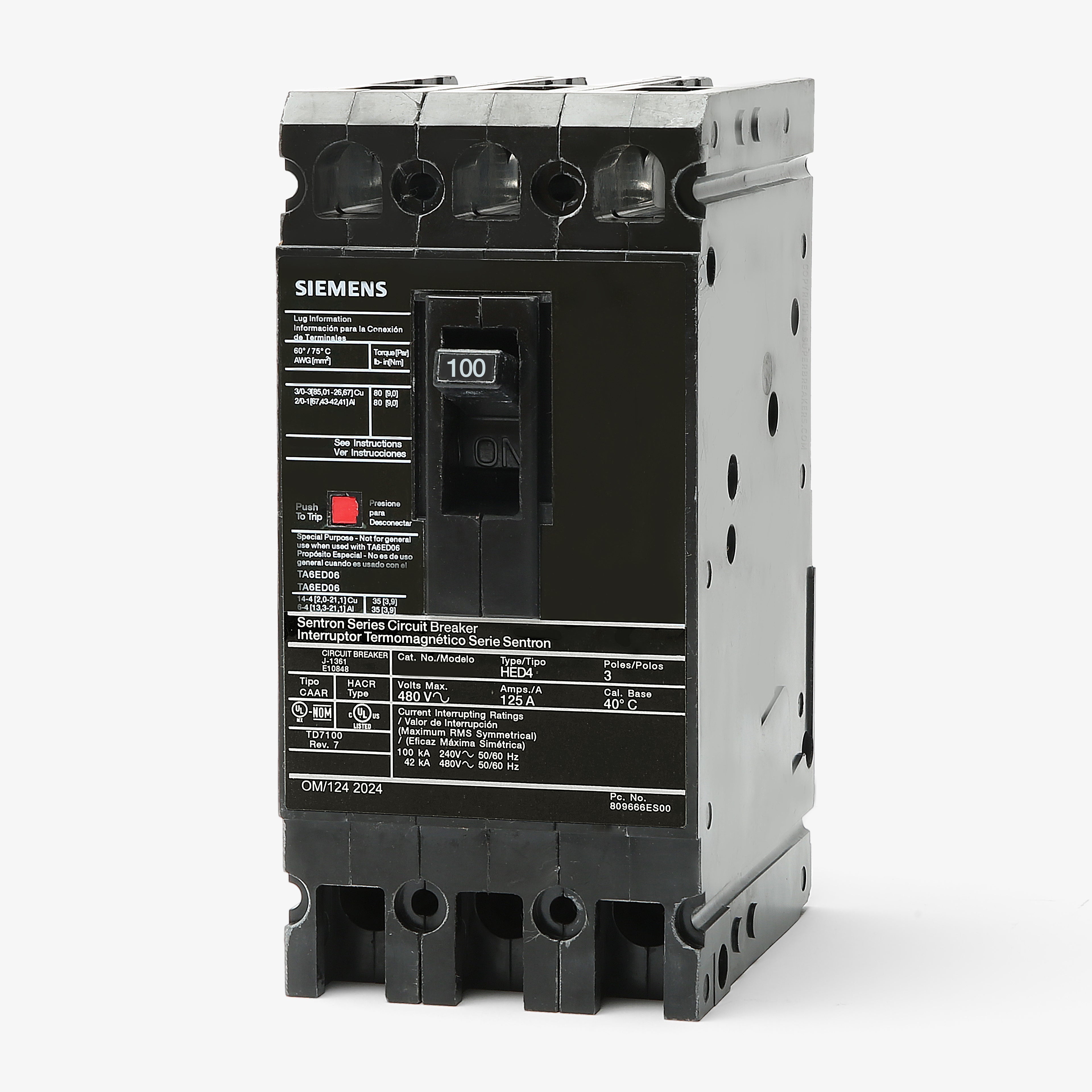 Siemens HHED63B100 - 100A 3 Pole Molded Case Circuit Breaker ...